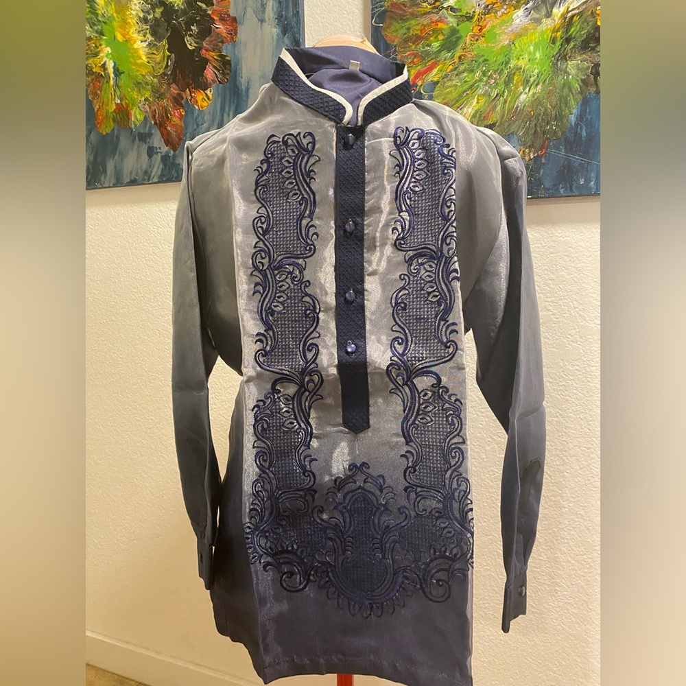 Men's Filipino Gray And Blue Barong Tagalog M Jusilyn… - Gem